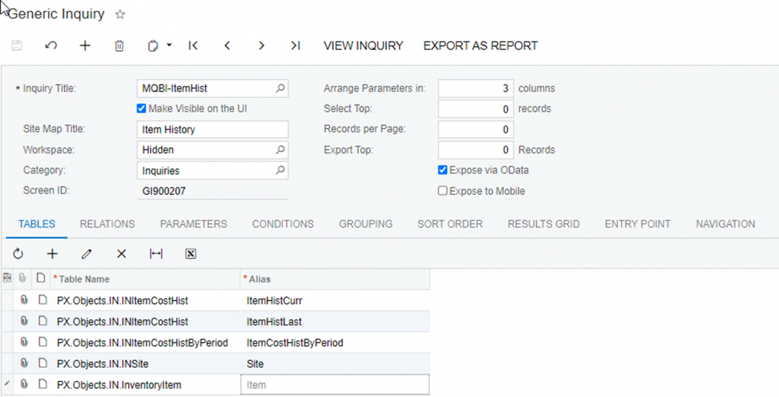 Inventory History Using Generic Inquiry in Acumatica - MaxQ Technologies
